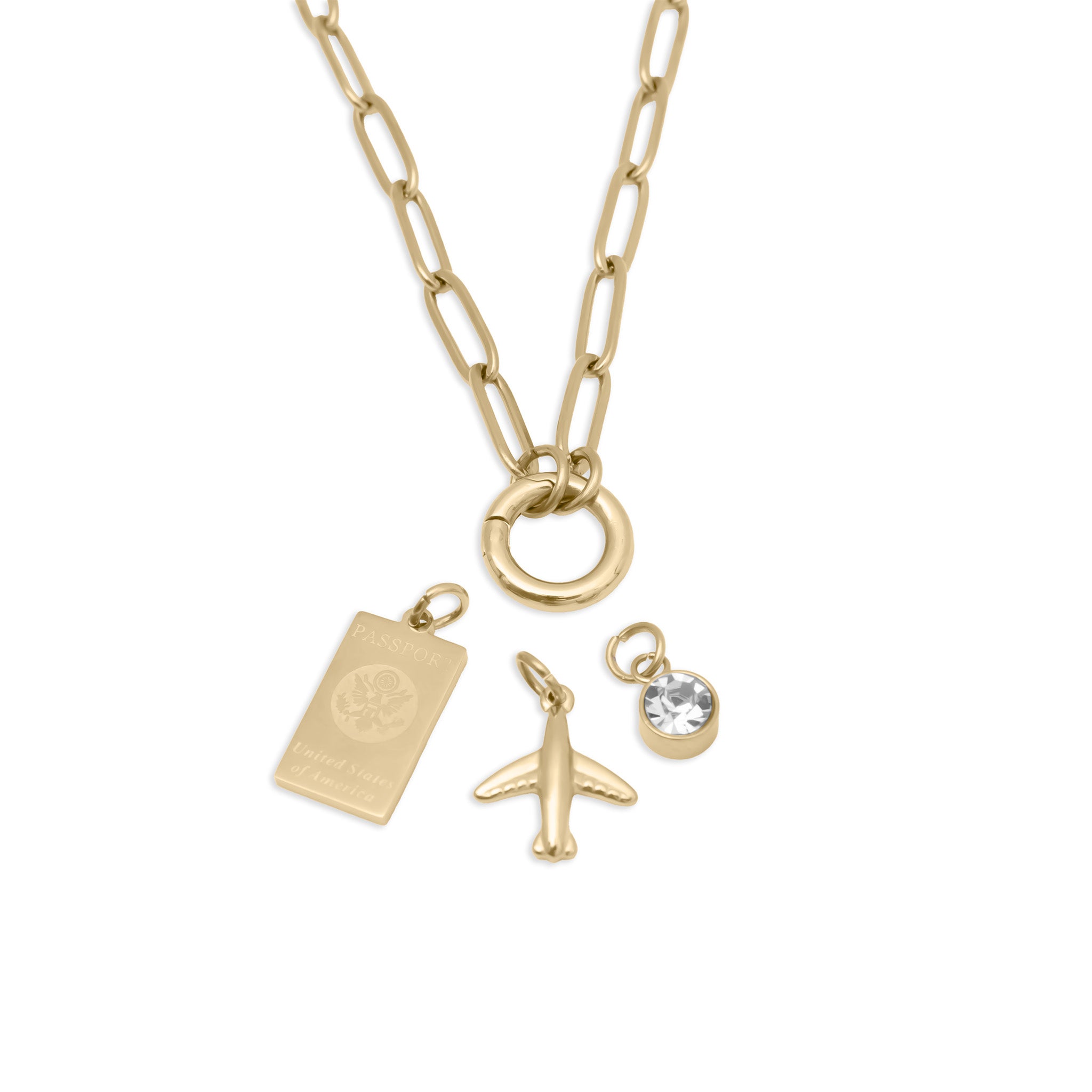18K Gold PVD Stainless Steel Travel Charm Holder Necklace Gift Set / C