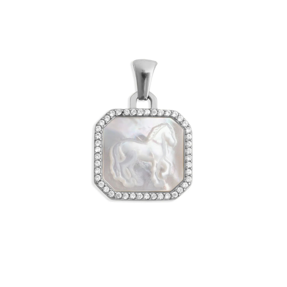 18K Gold PVD Stainless Steel MOP Horse Pendant With CZ Stone Boarder