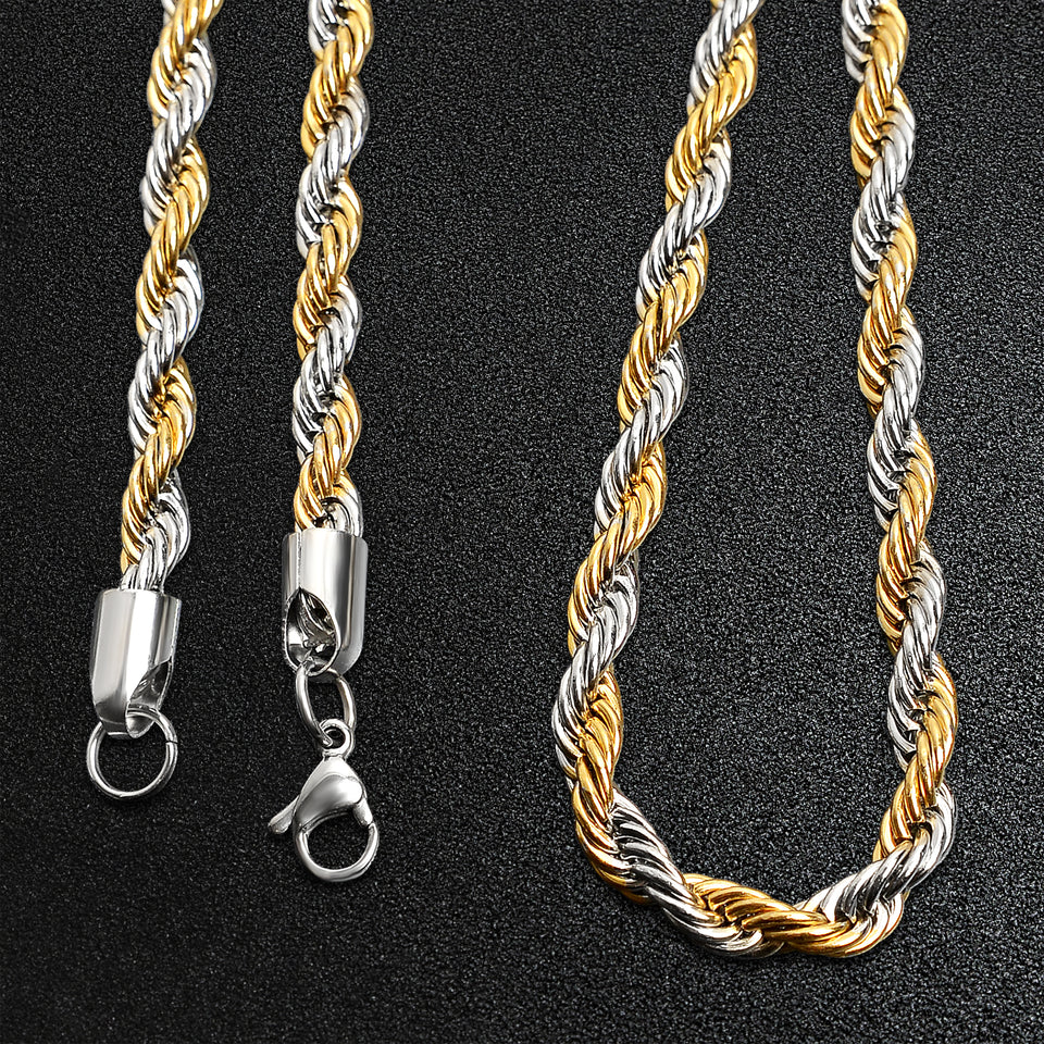 18K Gold PVD Stainless Steel Mixed Metal Rope Chain Necklace / CHN9701